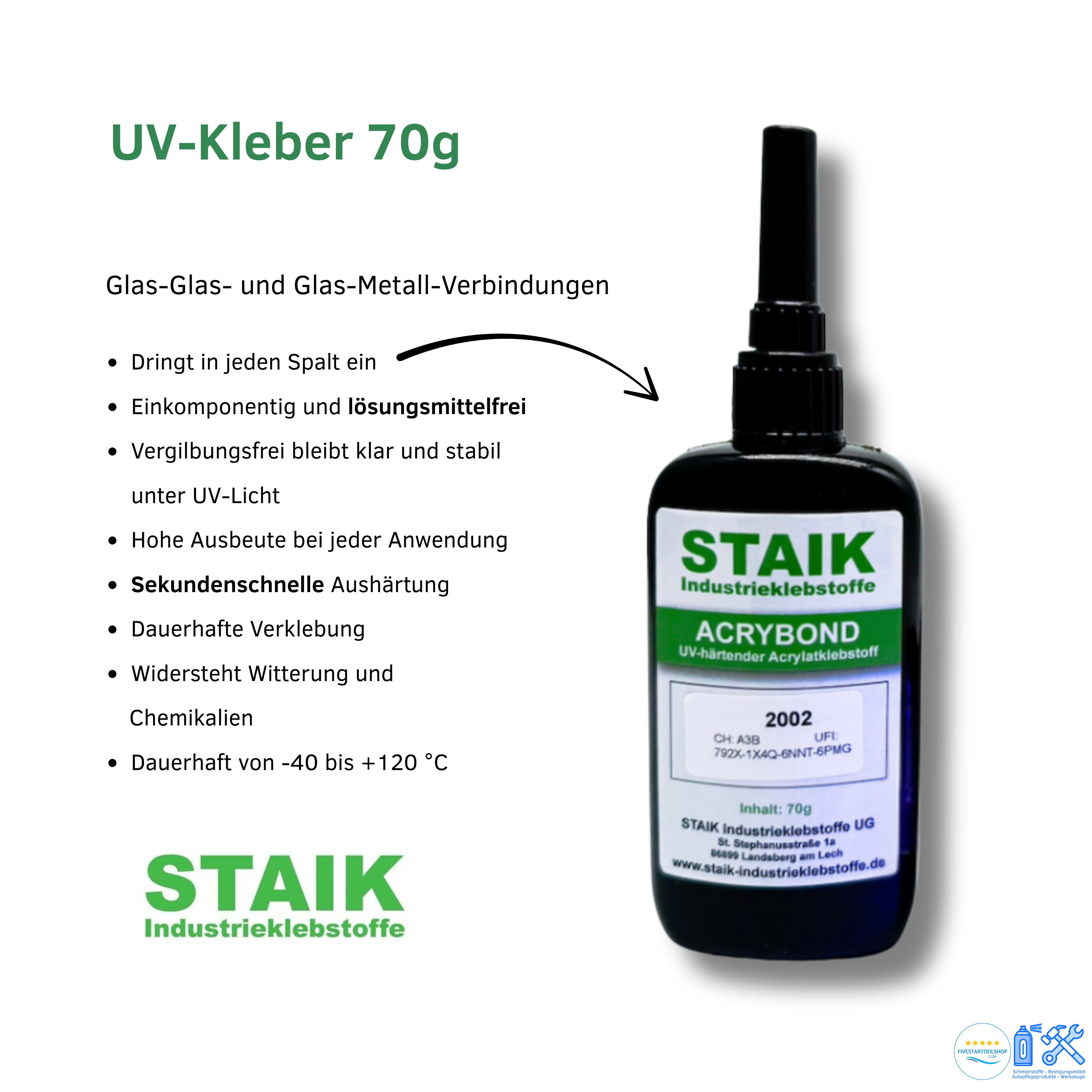 Staik Acrybond 2002 - 70 g Hochleistungs UV-Kleber für Metall und Glas ...