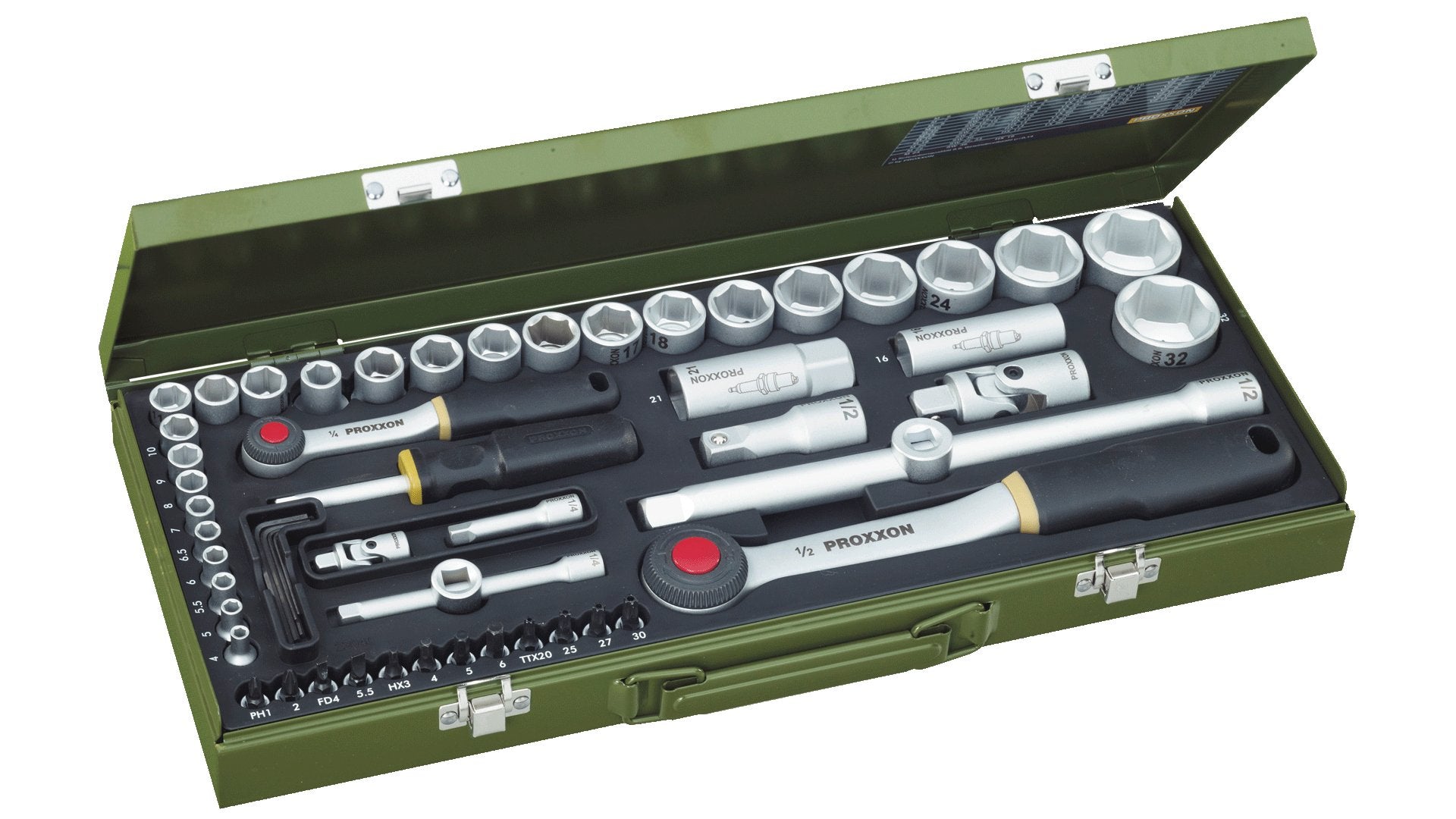 Proxxon Satz 23040 – 56-tlg. Steckschlüssel-Set mit 1/4″ & 1/2″ Ratsch ...